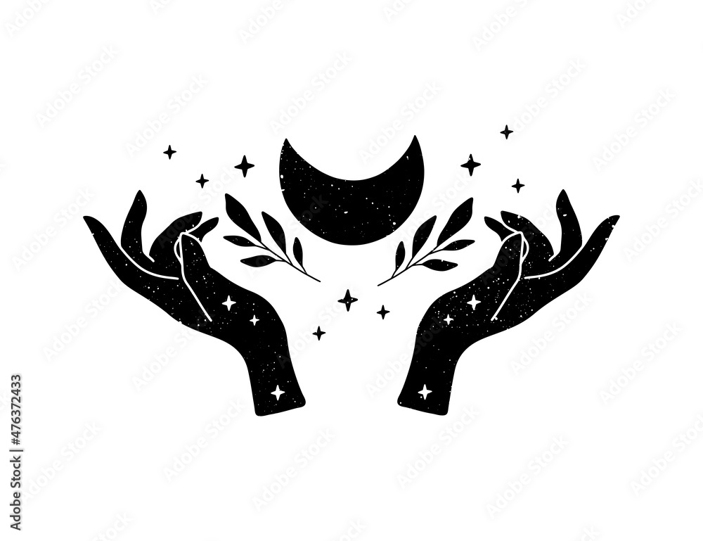 Celestial vector iilustration. Mystical witch hands, moon, floral ...