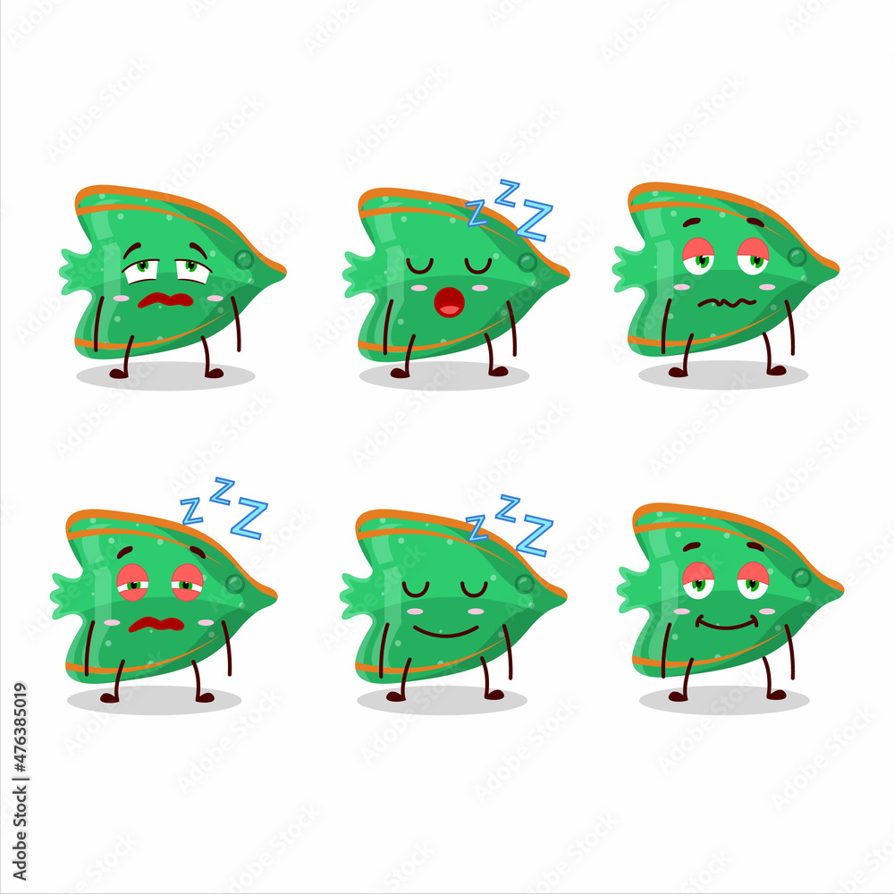 Cartoon character of fish green gummy candy with sleepy expression ...