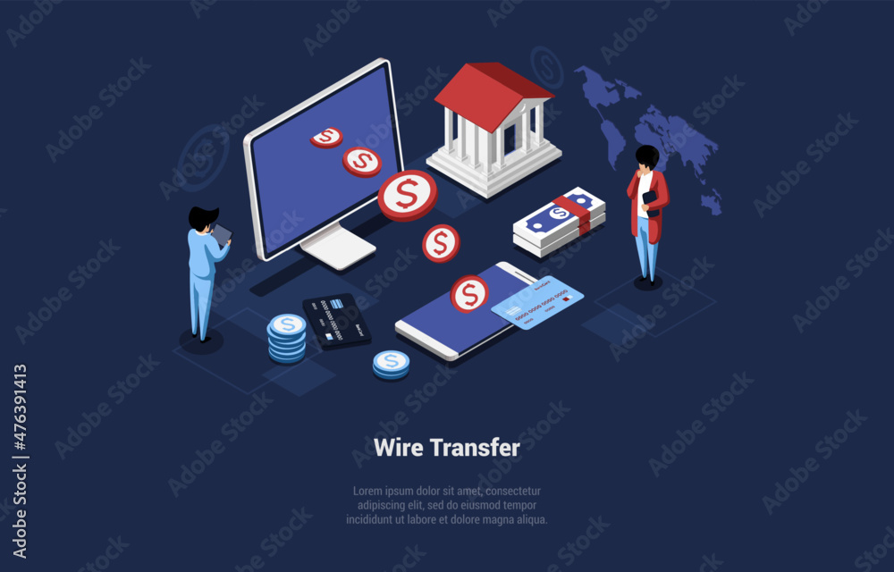 Wire Transfer Vector Illustration In Cartoon 3D Style On Dark ...