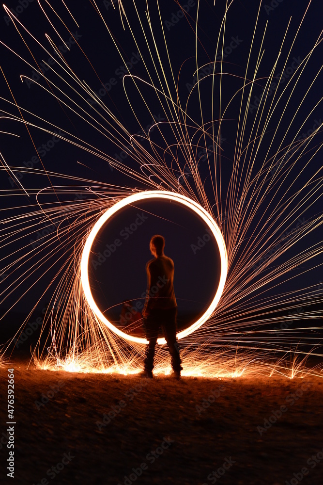Iron wool circle drawing light fireworks. Burning Steel Wool spinning ...