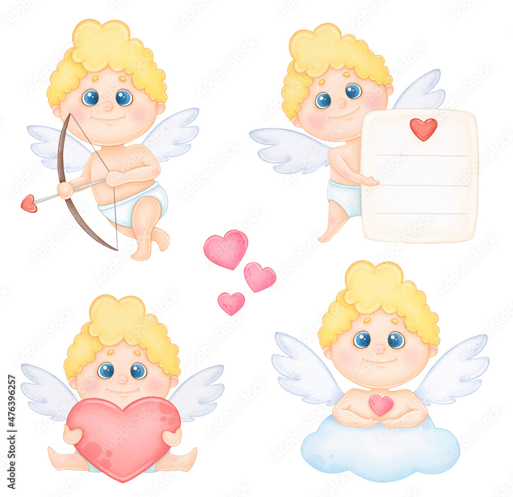 Cupid set, watercolor clip art isolated on white Stock Illustration ...