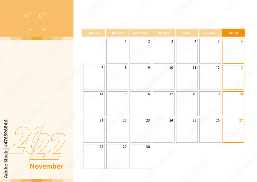 Horizontal planner for November 2022 in the orange color scheme. The ...