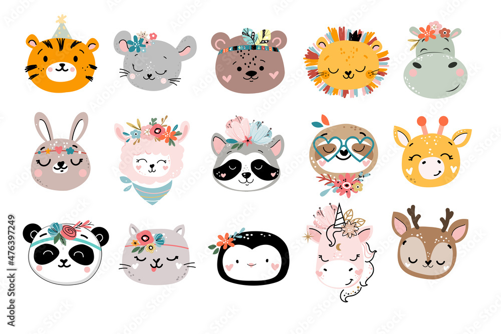 Cute animal heads with floral decorations. Vector illustration for ...