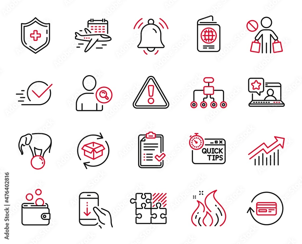 Vector Set of Business icons related to Medical shield, Demand curve and Find user icons. Stop ...