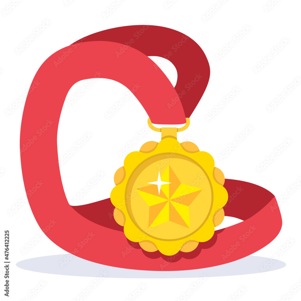 Gold Medal with shiny star and neck strap. Winner prize, award ...