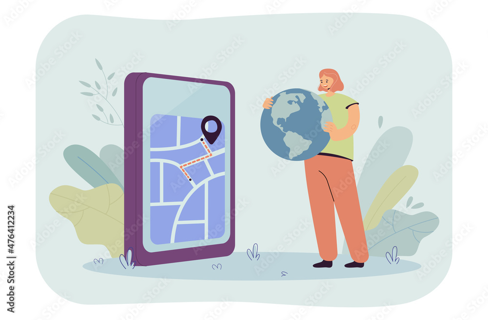 Tiny girl holding globe in front of smartphone with map on display ...