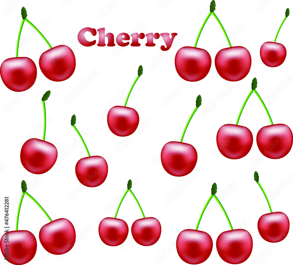Realistic cherry background on white in 3d illustration. Cherry pattern ...