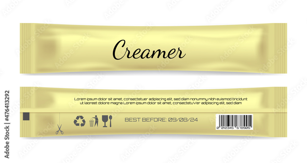 Realistic creamer sachet, creamer in paper kraft packaging, Mock up for ...