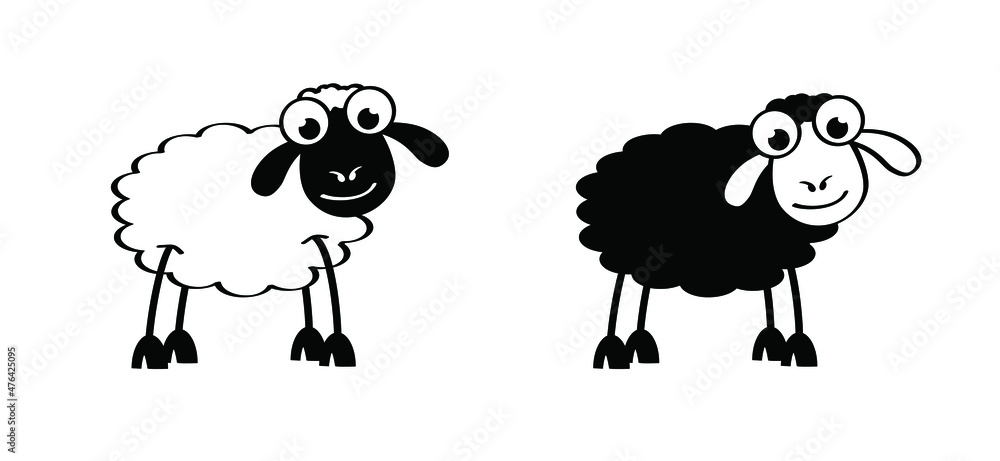 Cartoon, comic cute black and white sheep stickman. sheep icon. Drawing ...