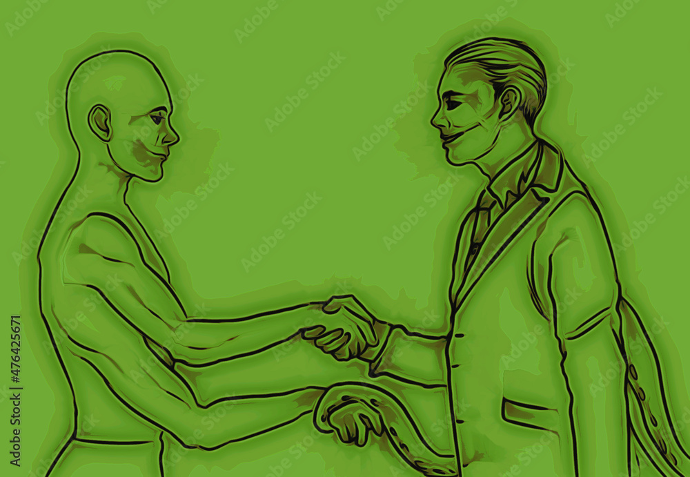 Digital illustration of an alien with multiple arms shaking the hand ...