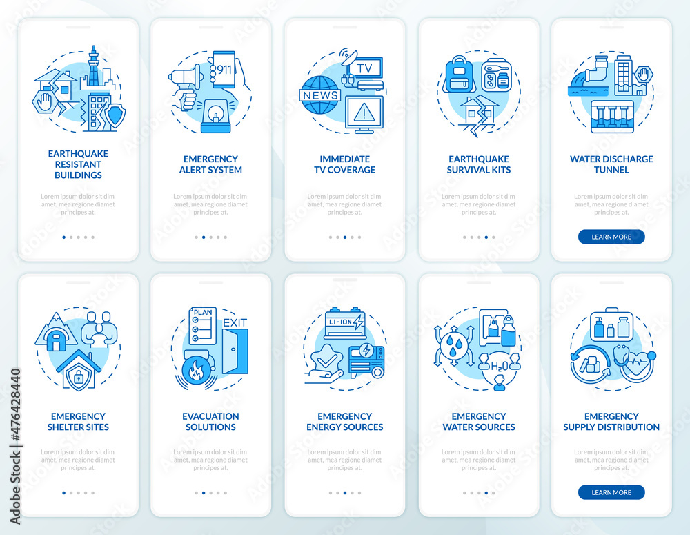 Disaster mitigation blue onboarding mobile app screen set. Earthquake ...