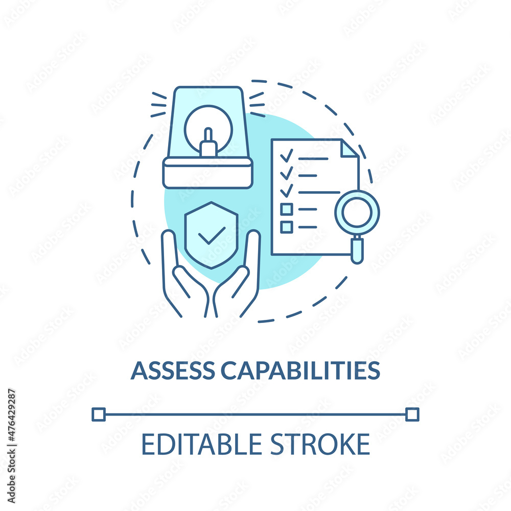 Assess capabilities turquoise concept icon. Evaluating strategy ...