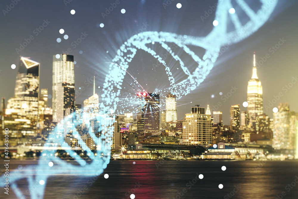 Virtual DNA symbol illustration on New York city skyline background ...