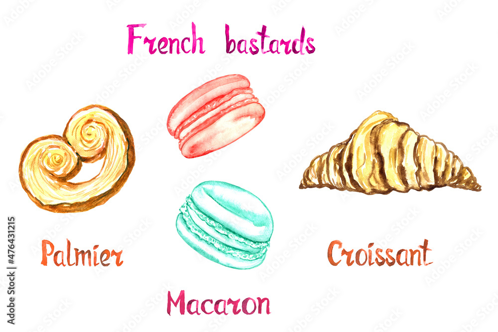 French bastards set, Palmiers, Macaron, Croissant isolated on white ...