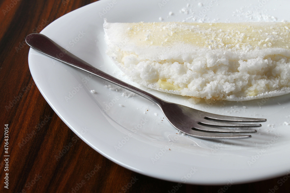 Brazilian food. Tapioca. Closeup of coconut tapioca. Flatbread made ...