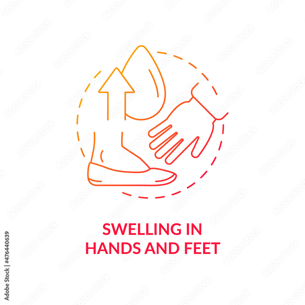 Swelling in hands and feet red gradient concept icon. Body parts ...