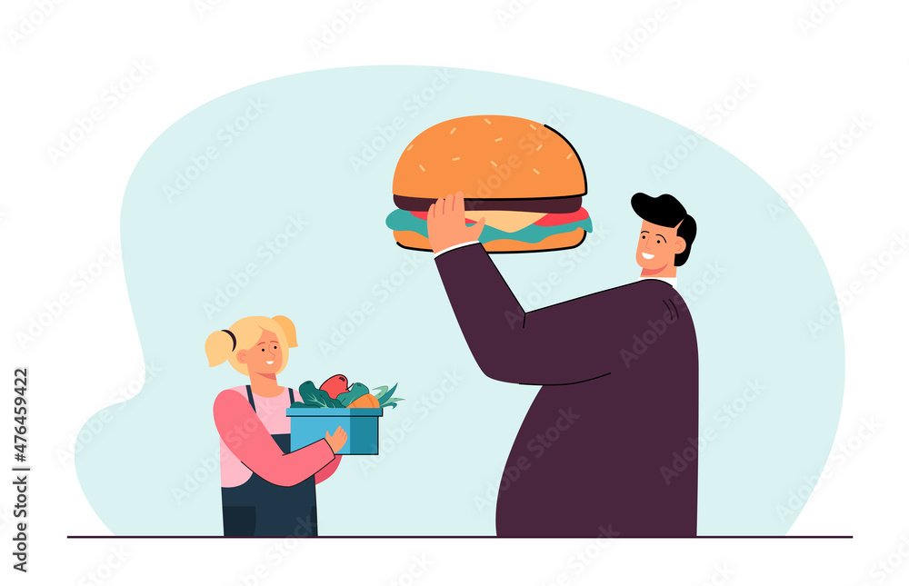 Menu comparison of man with burger and girl with vegetables. Difficult ...