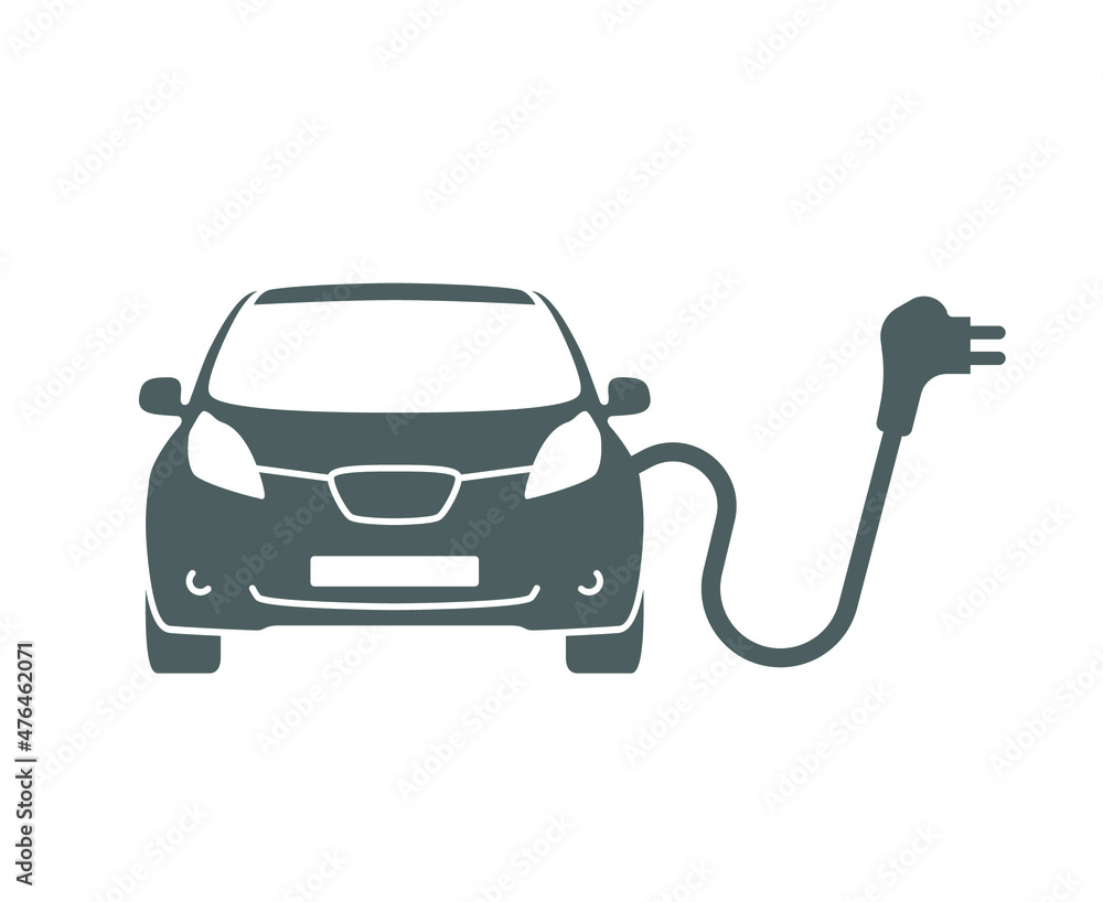 Electric car with plug graphic icon. Electric vehicle charging point ...