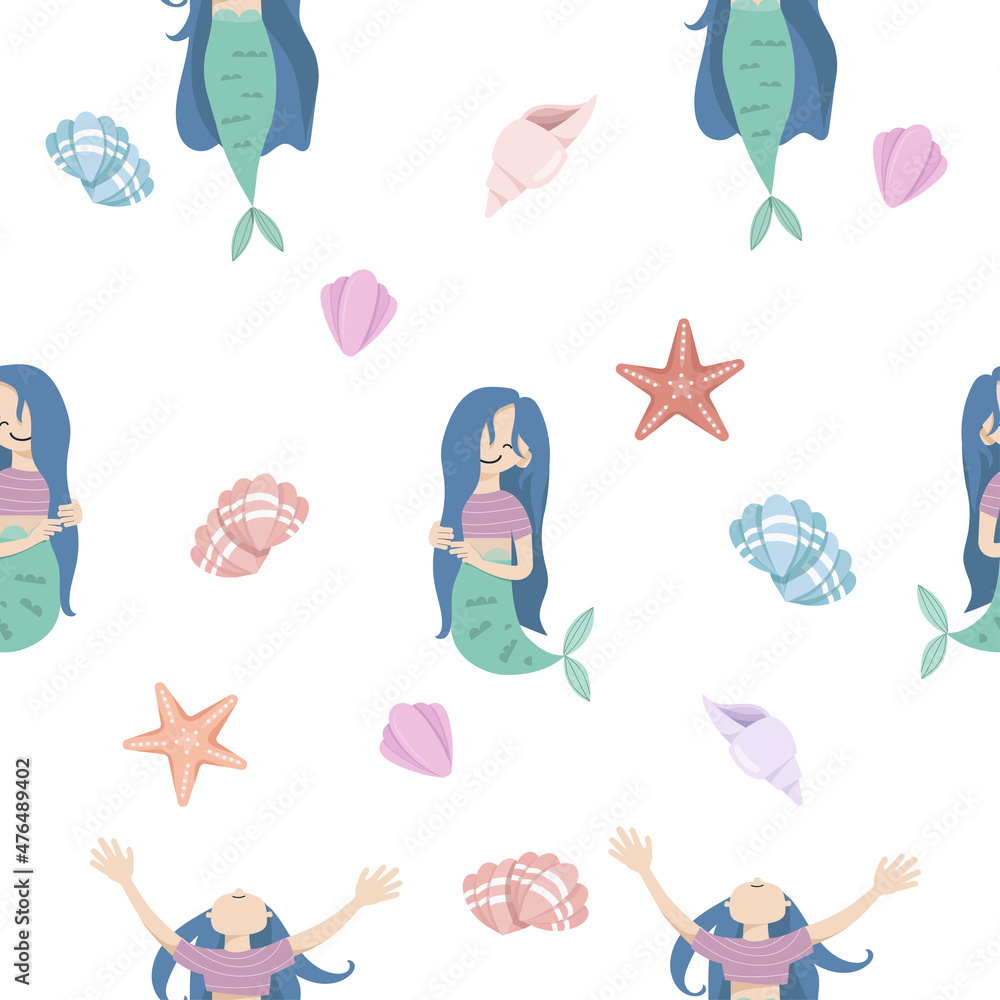 Seamless pattern with cute mermaids, sea stars and shells. Vector ...