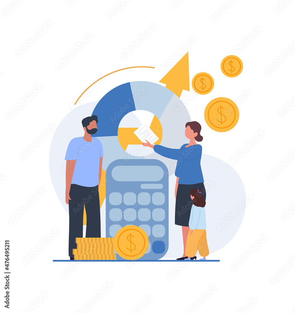 Childcare cost concept. Woman and child standing next to man with ...