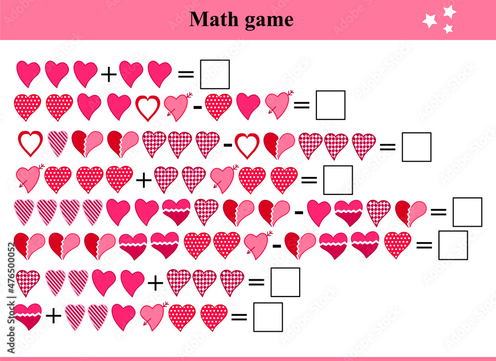 Examples of addition and subtraction with hearts. Educational page with ...