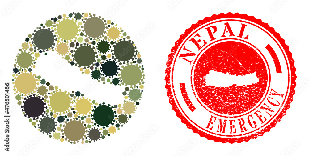 Vector mosaic Nepal map of sars virus elements and grunge EMERGENCY ...