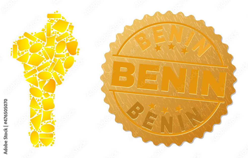 Golden collage of yellow fractions for Benin map, and golden metallic ...