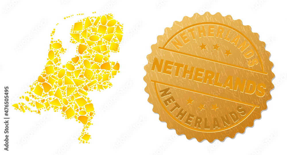 Golden composition of yellow elements for Netherlands map, and gold ...
