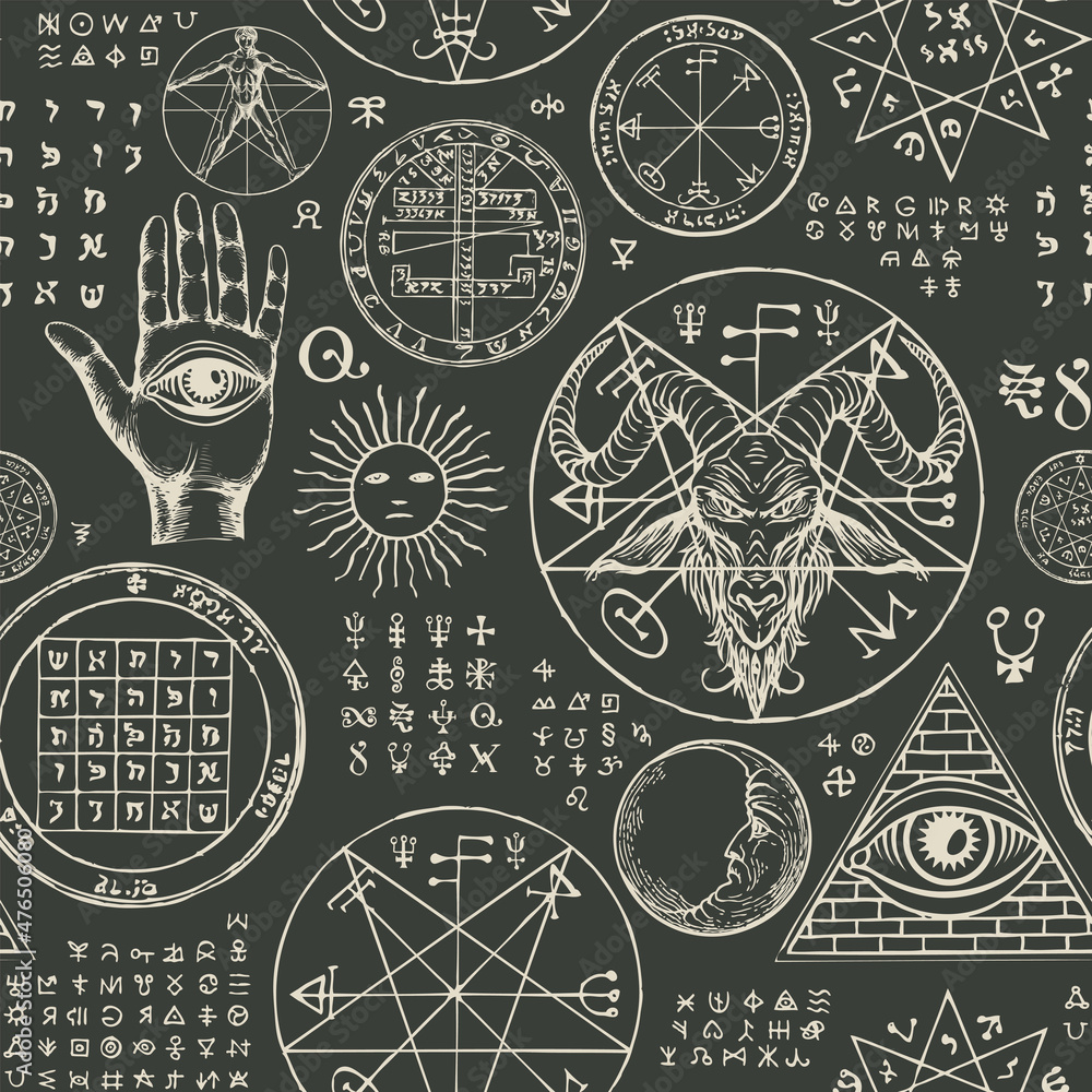 Occult seamless pattern with hand-drawn goat head, all-seeing eye, sun ...