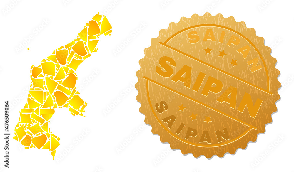 Golden composition of yellow elements for Saipan Island map, and golden ...