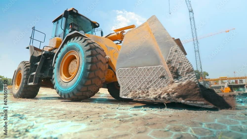 Bulldozer with HUD elements at a construction site. Modern bulldozer ...