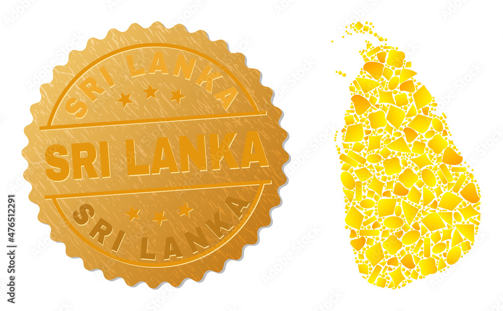 Golden mosaic of yellow items for Sri Lanka map, and golden metallic ...