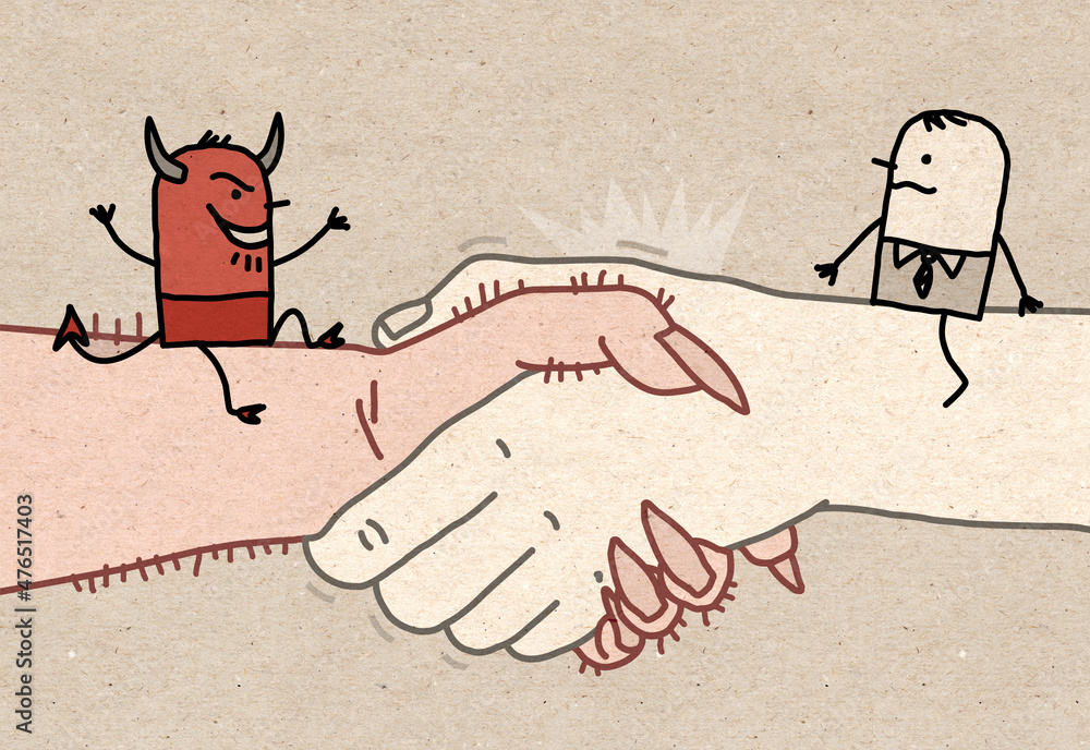 Cartoon Businessman and Devil, sitting on a big Handshake Stock ...