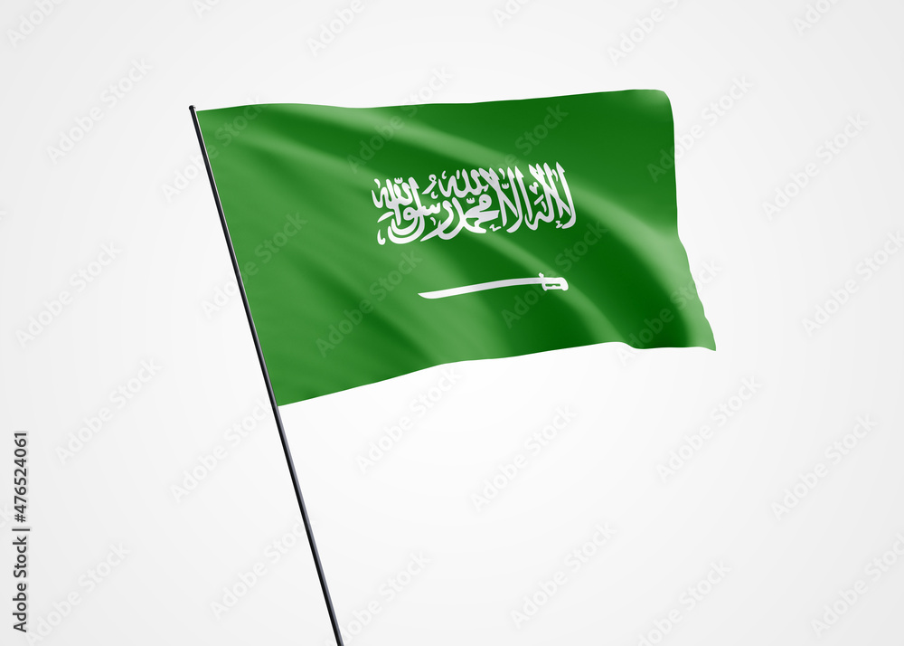 Saudi Arabia flag flying high in the isolated background Saudi Arabia ...