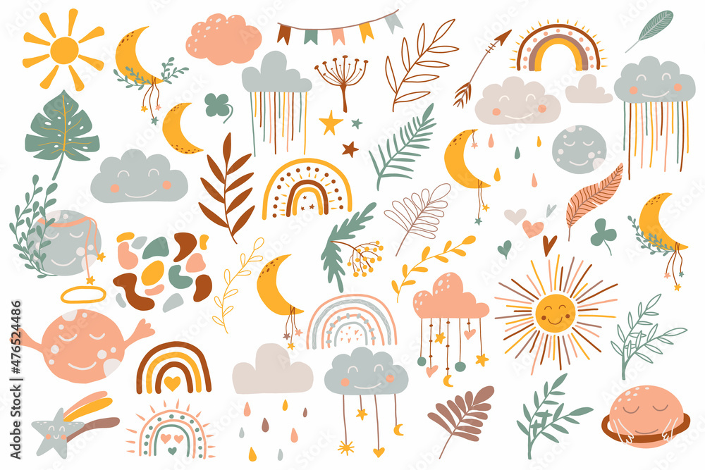 Set of cute boho baby objects in Scandinavian style. Boho style nursery ...