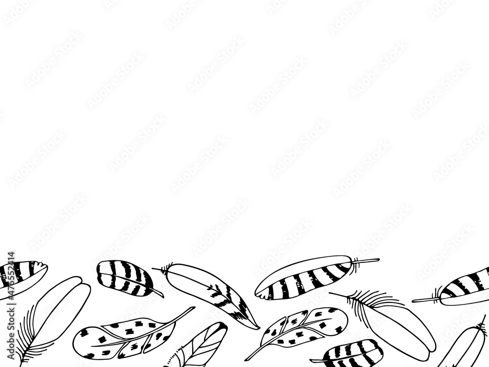 Seamless Border with Feathers. Hand drawn black and white sketch vector ...