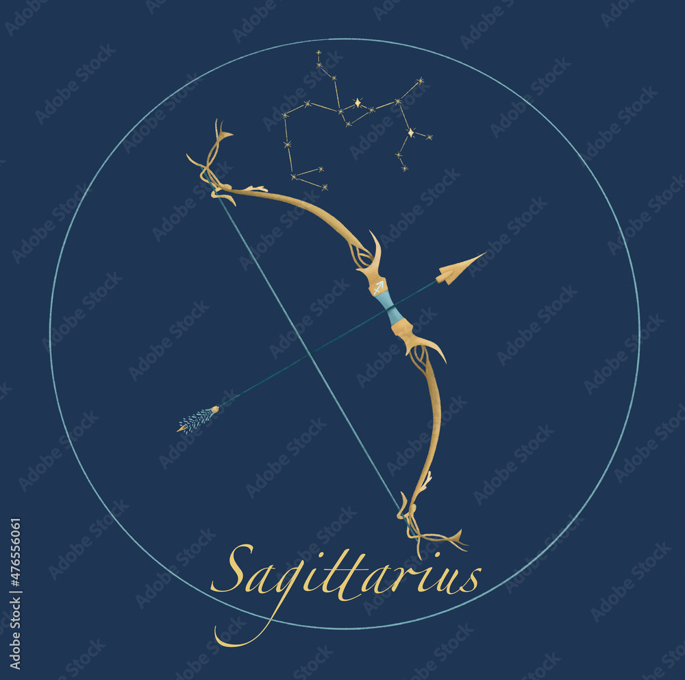 Zodiac sign Sagittarius horoscope symbol. Golden elven bow with a sharp ...