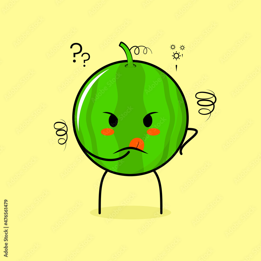 cute watermelon character with thinking expression and hand placed on ...