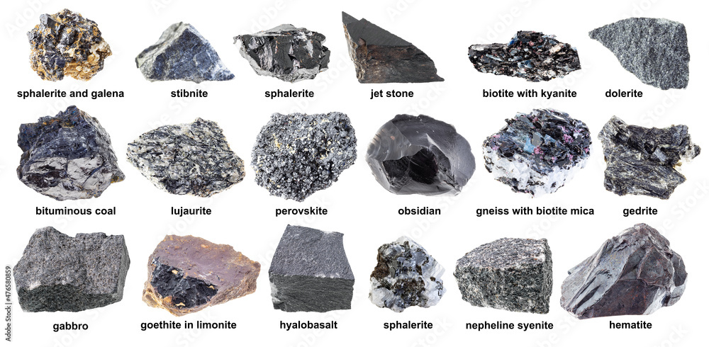 set of various raw black rocks with names cutout Stock Photo | Adobe Stock