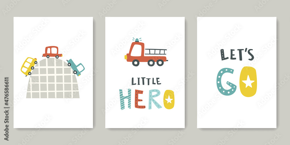 Baby car poster and scribble lettering set. Abstract doodle auto and ...