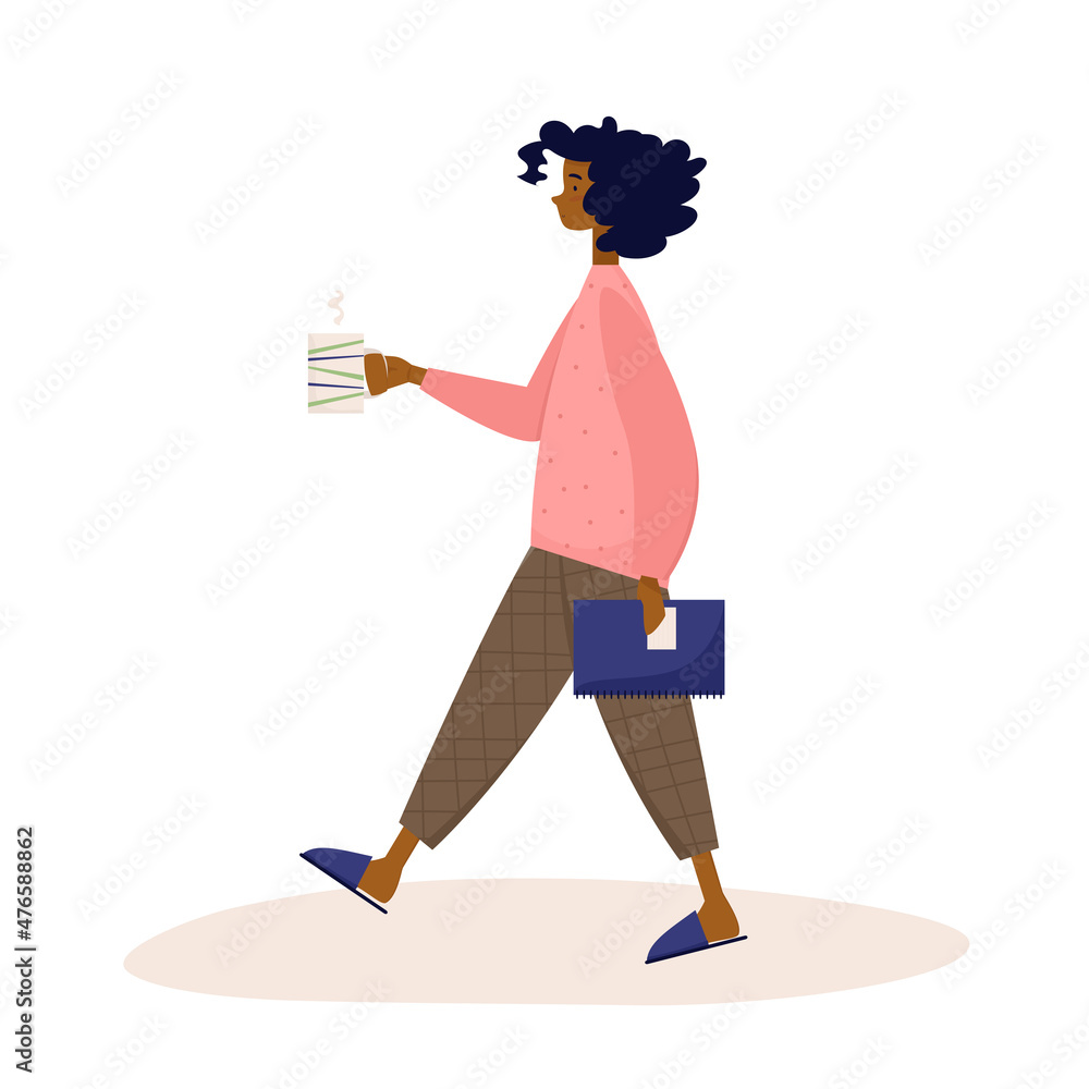 Working from home. Woman going to work with cup of hot coffee. Woman ...