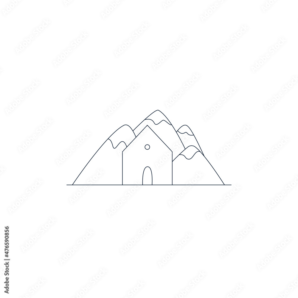 Little house in montains, cabin, chalet. Line art, outline vector ...
