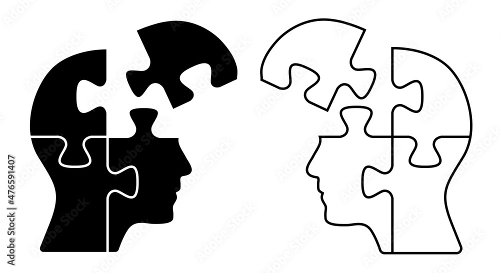 Two heads facing each other with two changing puzzle pieces graphic, to ...