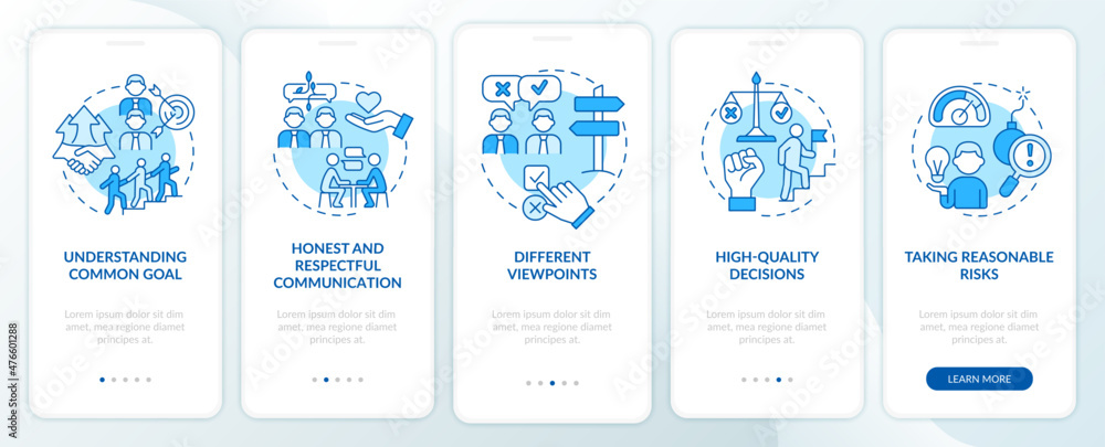 Teamwork tips blue onboarding mobile app screen. Successful company ...