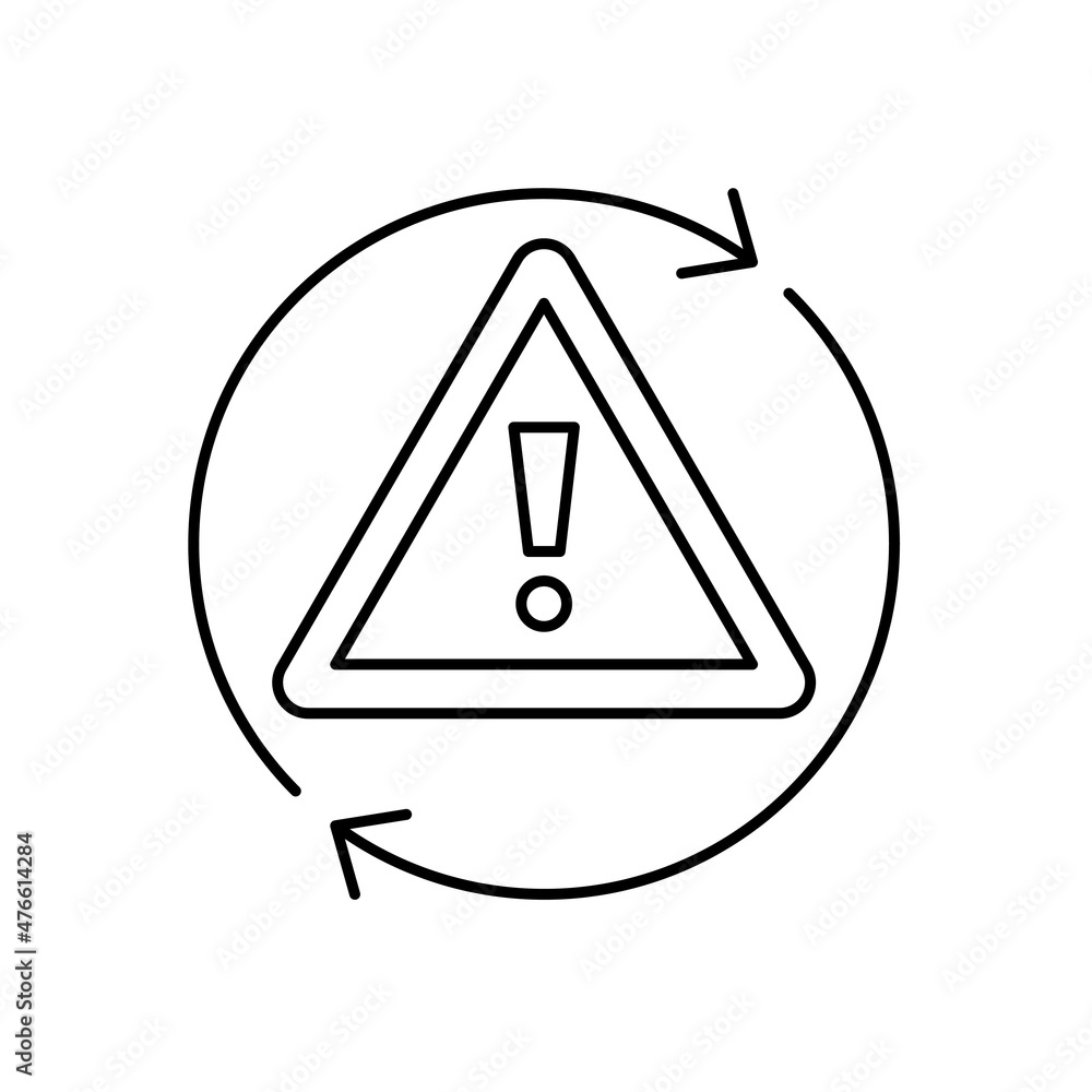 Exclamation point inside a triangle circled by a circular arrow. Simple ...