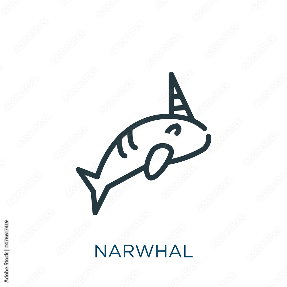 narwhal thin line icon. whale, fish linear icons from fairy tale ...
