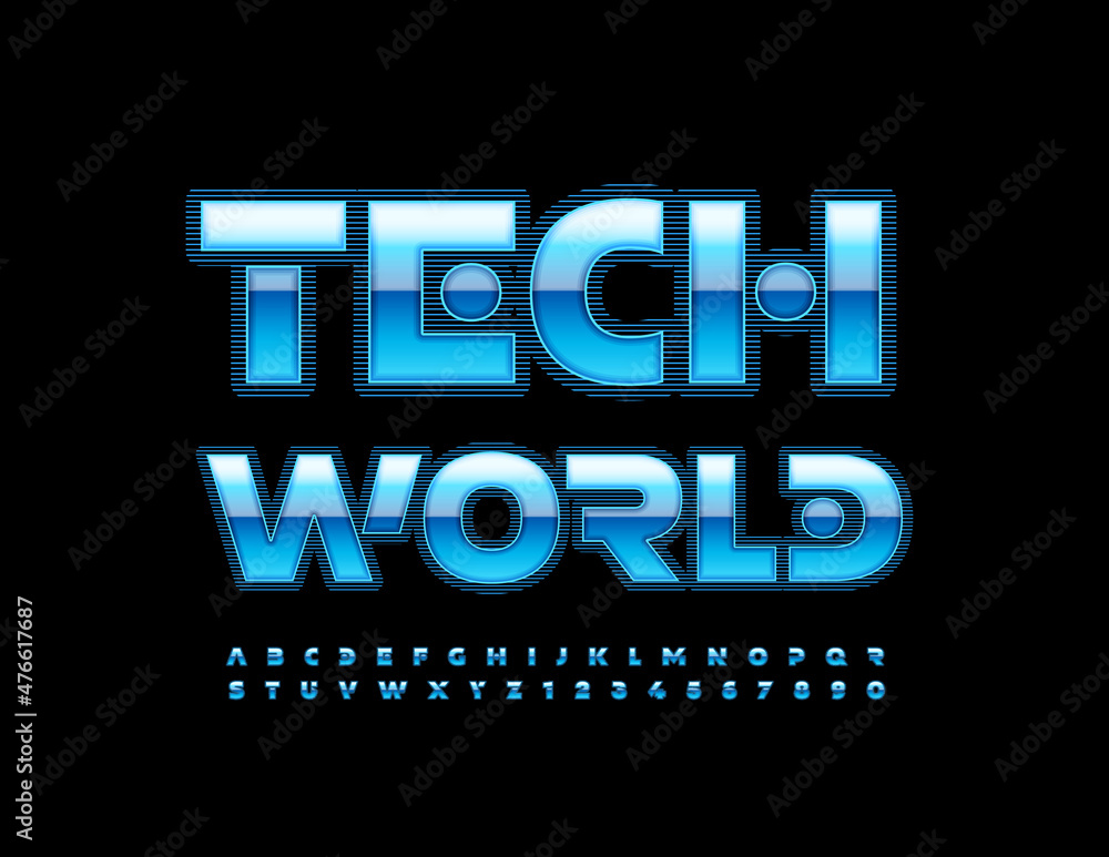 Vector futuristic emblem Tech World with Blue creative Font. Glossy ...