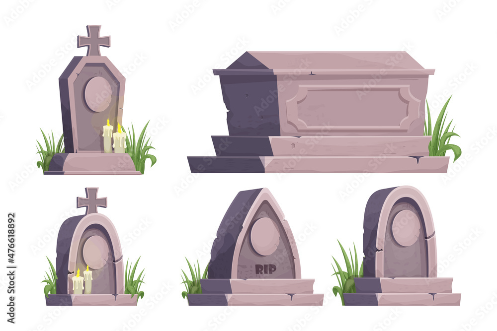 Set stone grave, memorial with grass and candles in cartoon style ...