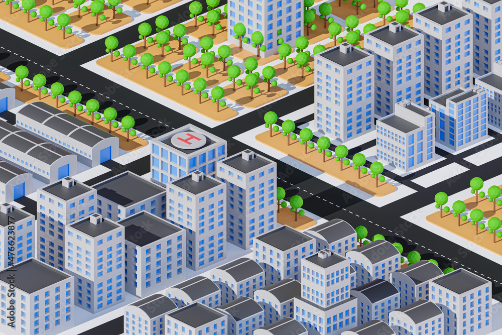 isometric city landscape of skyscrapers, houses, gardens and streets ...