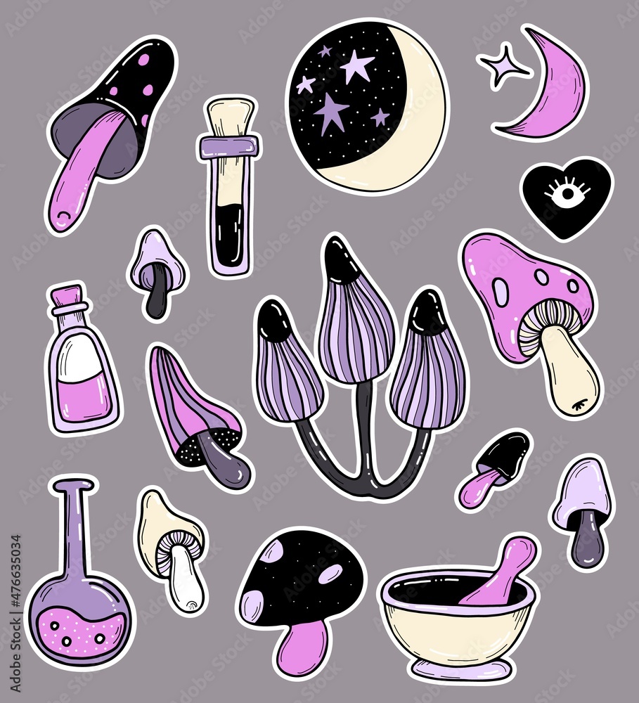 Vector set of witchcraft stickers. Bottles and flasks with potions and ...